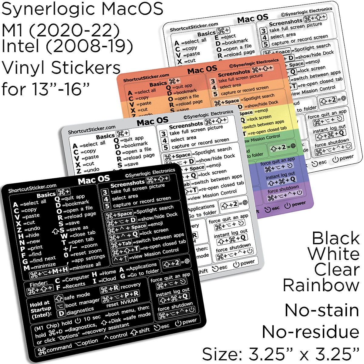 Synerlogic (M+Intel) Mac OS Reference Keyboard Vinyl Shortcut Stickers Compatible with MacBook Pro Air iMac Mini (4-Pack Black/White/Clear/Rainbow)