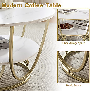 Elephance Round Coffee Table, 31.5 Inch Modern Coffee Table for Living Room, White and Gold Coffee Table with Storage, Wooden Tabletop-Marble White Print with Gold Frame