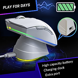 KLIM Blaze Pro Rechargeable Wireless Gaming Mouse with Charging Dock RGB - New Version - High-Precision Sensor and Long-Lasting Battery - Up to 6000 DPI - Great PC Gaming Mouse Wireless - White