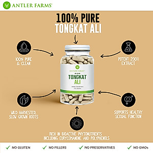 Antler Farms - 100% Pure Tongkat Ali Extract 200:1, 180 Capsules, 500mg - Eurycoma Longifolia Slow Grown Aged Roots from Indonesia – Men’s Health Support, Vegan, Gluten, Soy and Dairy Free