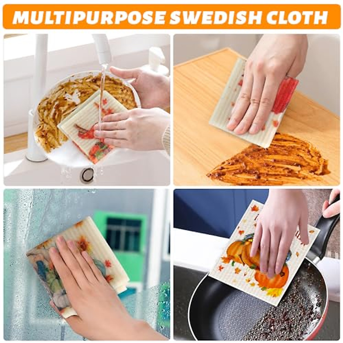 6 Pcs Thanksgiving Swedish Dishcloths Turkey Pumpkins Kitchen Dishcloth Autumn Fall Kitchen Towel Decor Absorbent Quick Drying Reusable Cleaning Dish Cloths for Home Counter Wipes