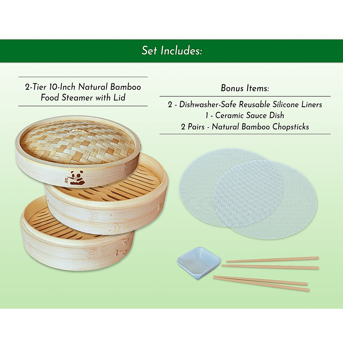 Bold Living 10 Inch Bamboo Steamer Basket, 2 Tier Natural Sustainable Food Cooker for Dumplings, Vegetables, Tamales, Seafood, Bao Buns with 2 Reusable Nonstick Liners, 2 Pair Chopsticks, 1 Sauce Dish