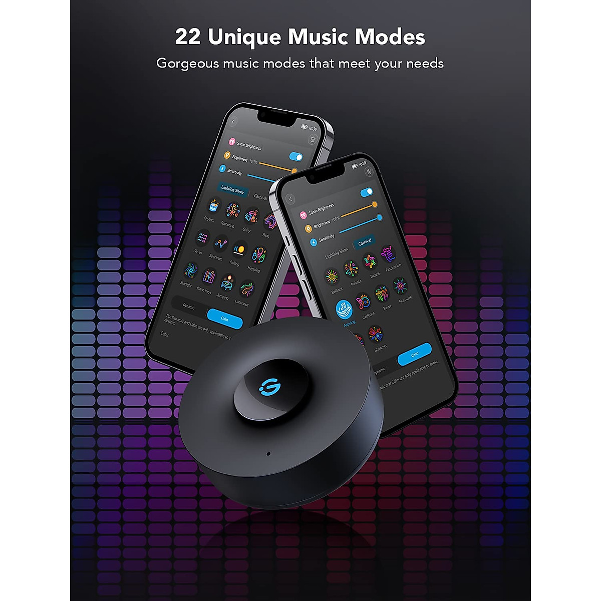 Govee Music Sync Box, Bluetooth Group Control 7 Devices, 22 Dynamic Music Modes, Battery Powered, USB Charged, Supports All Govee Smart Color Light Products