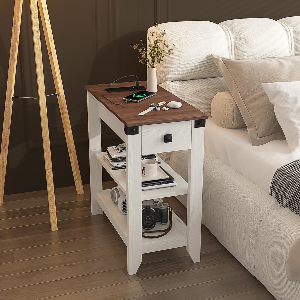 Fameill End Tables Living Room Set of 2, Narrow Side Table with Charging Station, Small Bedside Table for Small Space, Skinny Nightstand with Storage Drawer, White