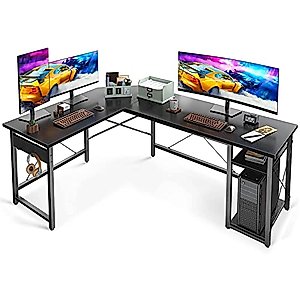 Coleshome L Shaped Computer Desk 66" with Storage Shelves, Corner Gaming Desk, Sturdy Writing Desk Workstation, Modern Wooden Desk Office Desk, Wood & Metal, Black
