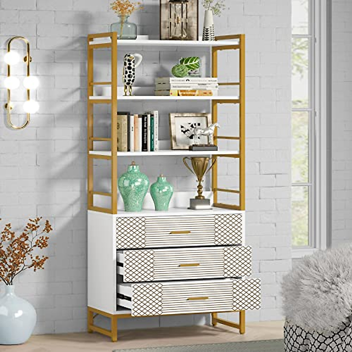 Tribesigns Gold White Bookshelf with 3 Drawers, Tall Ladder Shelf Bookcase with Storage, Modern Bookcases and Book Shelves 4 Shelf Organizer, Metal Wood Book Shelving Unit for Bedroom, Office