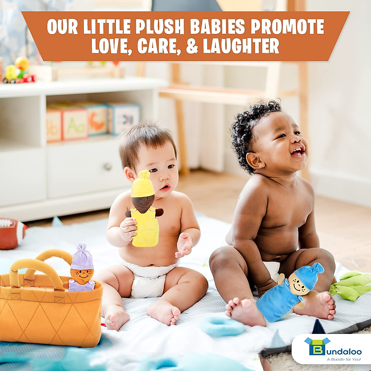 Bundaloo Basket of Babies with Realistic Giggling Sounds - Plush Baby Doll Set with Carrier - 3 Multicultural Dress Up Dolls Playset