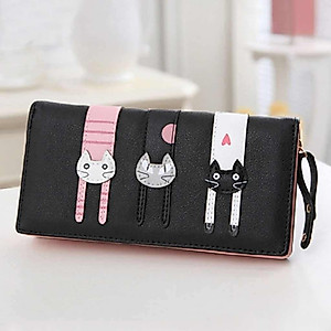Valentoria® Birthday Gifts for Women's Mini Faux Leather Bifold 3 Cat Design Clutch Wallet (Long Black)