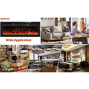 Upesitom 50" Electric Fireplace Recessed & Wall Mounted Fireplace Heater, Wall Fireplace Inserts, Mirrored Led Linear Fireplace with Remote Control, Timer, Adjustable Flame Color, 750/1500W, Black