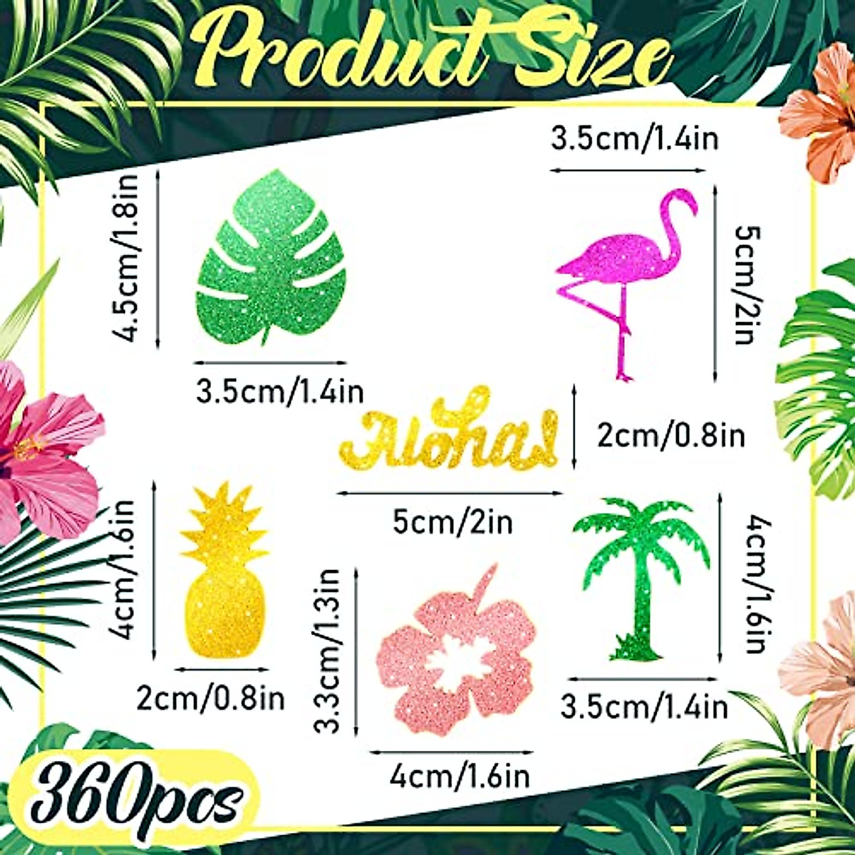 360 Tropical Hawaii Luau Confetti Flamingo Cupcake Toppers Pineapple Palm Leaves Hibiscus Flowers Confetti Table Decor for Summer Beach Party Baby Shower Wedding Aloha Party Supplies Favor