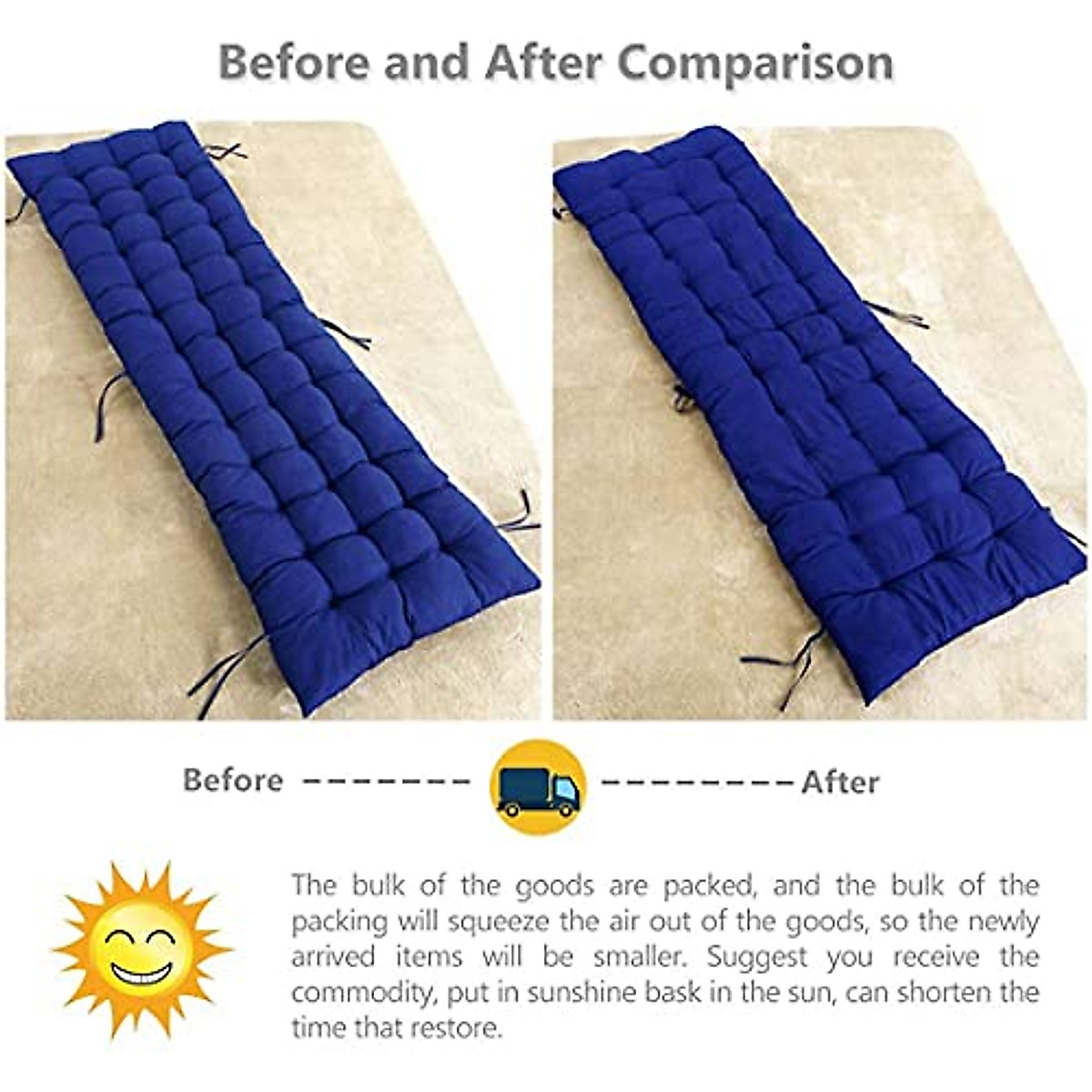 61inch Sun Lounger Chair Cushions, Sundlight Patio Cushions Chaise Outdoor Mattress Recliner Quilted Thick Padded Seat Cushion Reclining Chair Rocking with Ties (Navy Blue)