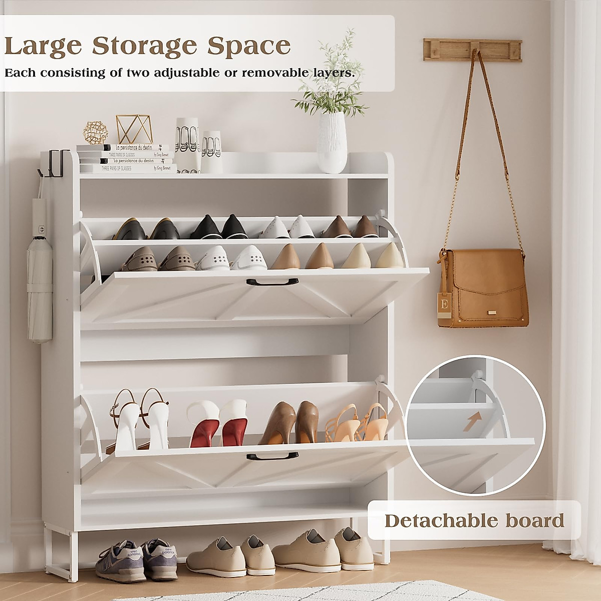 EOYUTLLY Shoe Cabinet Storage for Entryway, Narrow Shoe Rack Cabinet with 2 Flip Drawers, Freestanding Hidden Shoe Rack Storage Organizer, White with Metal Legs