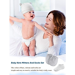 Baby Hats Mittens and Socks Set Include 5 Pieces Newborn Beanie Caps with Cute Bear Ears 10 Pieces No Scratch Mittens and 10 Pieces Non-Slip Baby Socks for 0-6 Months Baby Boys and Girls