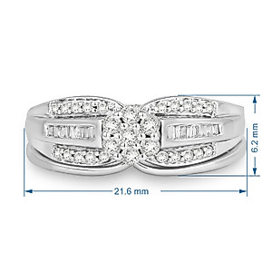 Jewelili Sterling Silver 1/3 Cttw Natural White Round and Baguette Cut Diamonds Bridal Set Ring, Size 10