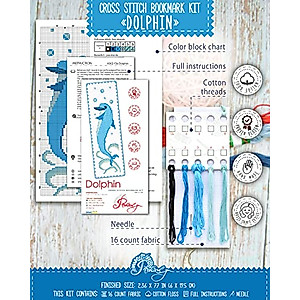 Dolphin Counted Cross Stitch Bookmark Kit for Adults - DIY Embroidery Book Marker Set with Paper Pattern, 16 Count Aida Canvas and Pre-Sorted Floss