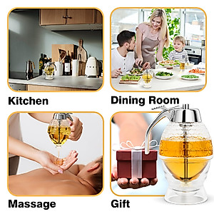 Honey Dispenser No Drip Glass, Maple Syrup Dispenser, Honey Jar with Stand, 8 oz Beautiful Honey Comb Shaped Honey Pot, Perfect Bee Decoration for Home Kitchen
