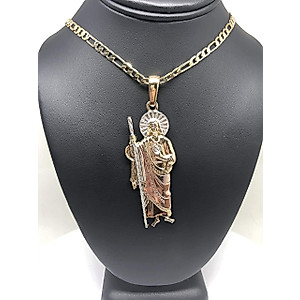 Big Saint Jude Pendant Necklace Figaro 26" San Judas Tadeo XL Tres Colores Medalla Con Oro Laminado