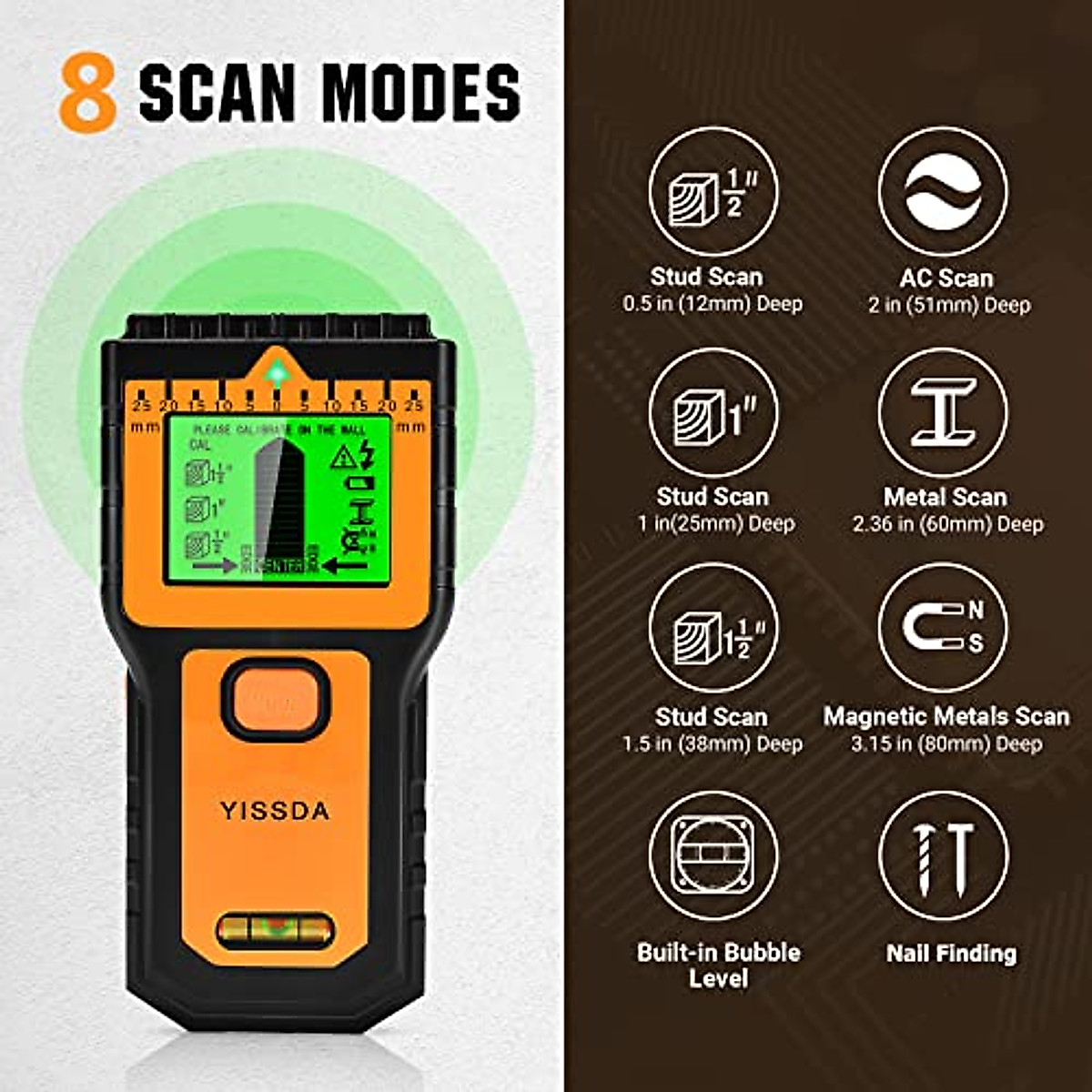 YISSDA Stud Finder Wall Scanner, Upgraded 8 in 1 Magnetic Stud Sensor Wall Detector, with Bubble Level, Nail Beam Finders Center and Edge for Wood AC Wire Metal Studs Joist Pipe, with HD LCD Screen