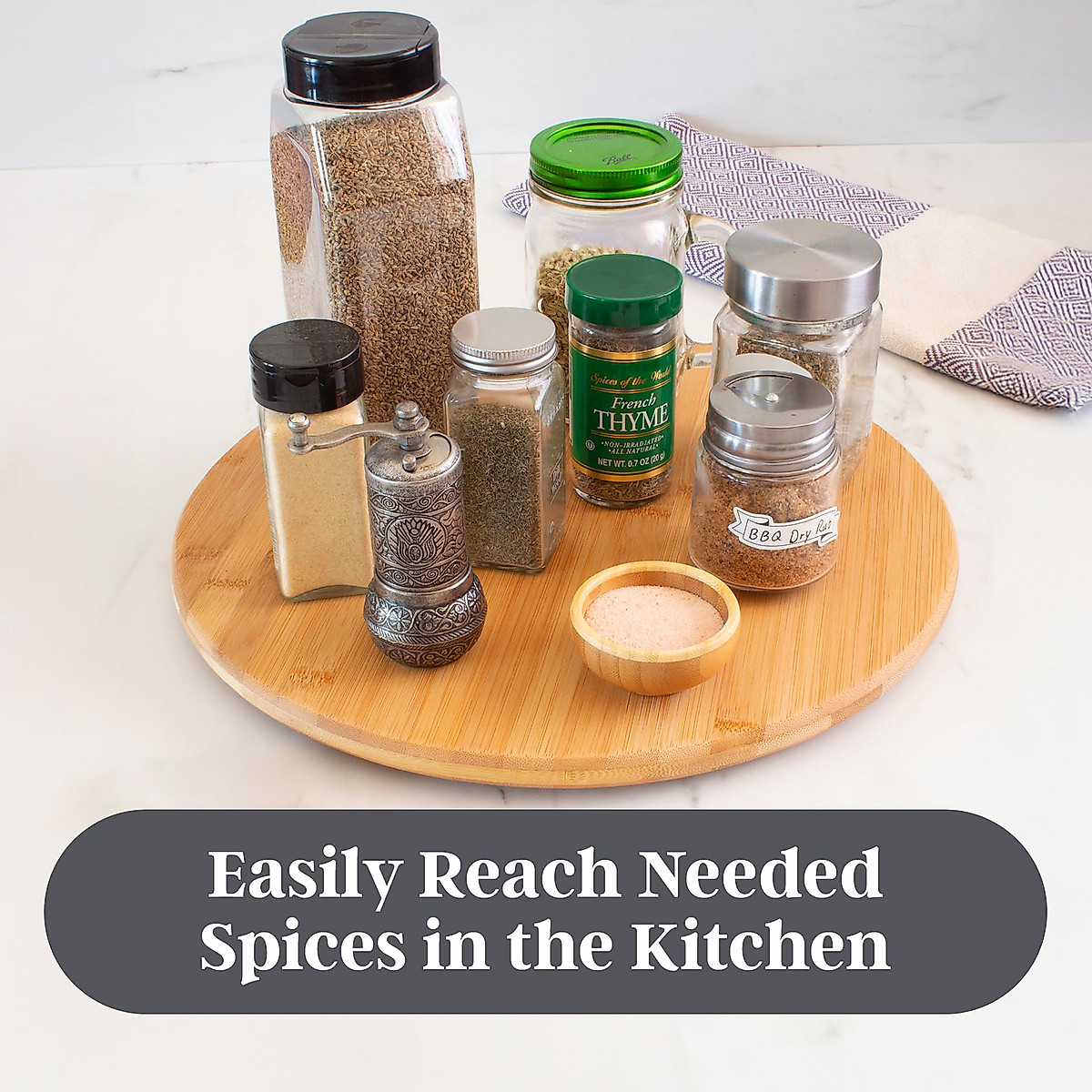 TB Home 14” Bamboo Lazy Susan Organizer for Kitchen, Turntable for Cabinet, Table or Pantry