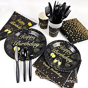 Black and Gold Happy Birthday Party Supplies Tableware Set-Dinner Dessert Cake Plates, Napkins, Cups, Tablecloth, Banner for Wedding Retire Party Decoration for 30th 40th 50th 60th Anniversary