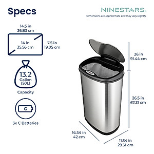 Ninestars DZT-50-13 Automatic Touchless Motion Sensor Oval Trash Can with Black Top, 13 gallon/50 L, Stainless Steel