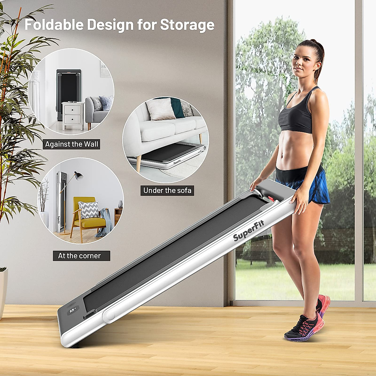 GYMAX Walking Pad, Dual LED Display 2 in 1 Under Desk Treadmill for Home with Remote & Smart App Control, 2.25HP Foldable Portable Treadmill Running Machine for Office Small Space (Pearl)