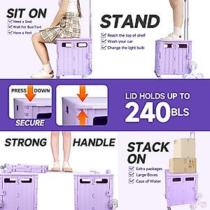 Honshine Foldable Cart with Stair Climbing Wheels, Collapsible Rolling Crate with Telescoping Handle, Handcart for Grocery Book File Tool Art Supplies(Lavender)