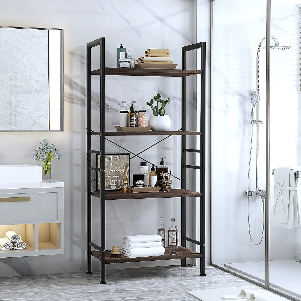 DKLGG 4-Tier Storage Shelves, Bookshelf, Wood Bookcase with Metal Frames and Standing Shelving Unit, Industrial Design Open Standing Organizer for Living Room, Bathroom, Balcony, Office, Rustic Brown