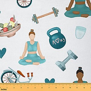 Feelyou Chakra Fabric by The Yard, Yoga Zen Spiritual Heart Love Upholstery Fabric for Chairs, Zen Basalt StonesDiet Fruit Sports Elements Decorative Waterproof Outdoor Fabric, 1 Yard, Blue Grey Green