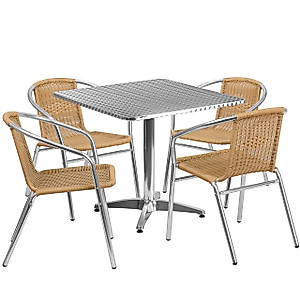 Flash Furniture 31.5'' Square Aluminum Indoor-Outdoor Table Set with 4 Beige Rattan Chairs