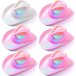 6 Pieces Glitter Cowgirl Hats Women Bride Hat Holographic Cowboy Hat Space Hats for Wedding Birthday Bachelorette Parties Favors (Beige and Pink)