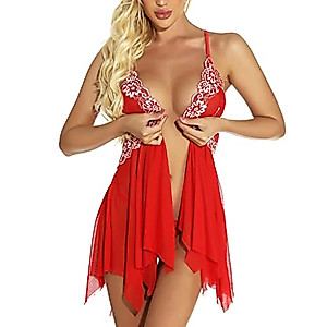 klier Lingerie for Women Lace Babydoll Sexy Chemise V Neck Mesh Sleepwear Dark Red