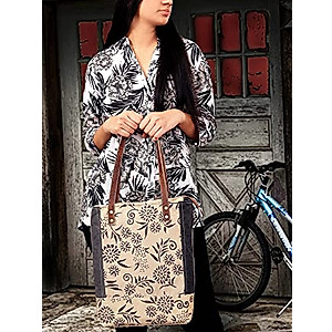 Ruzioon Upcycled Canvas & Cowhide Tote Bag, Upcycled Canvas & Leather Shoulder Bag, Upcycled Canvas Hand Bag for Women’s