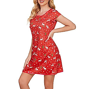 Ekouaer Womens Nightgown Sleep Shirt Dress Satin Patchwork Short Sleeve Sleepwear with Pocket Red Christmas XL