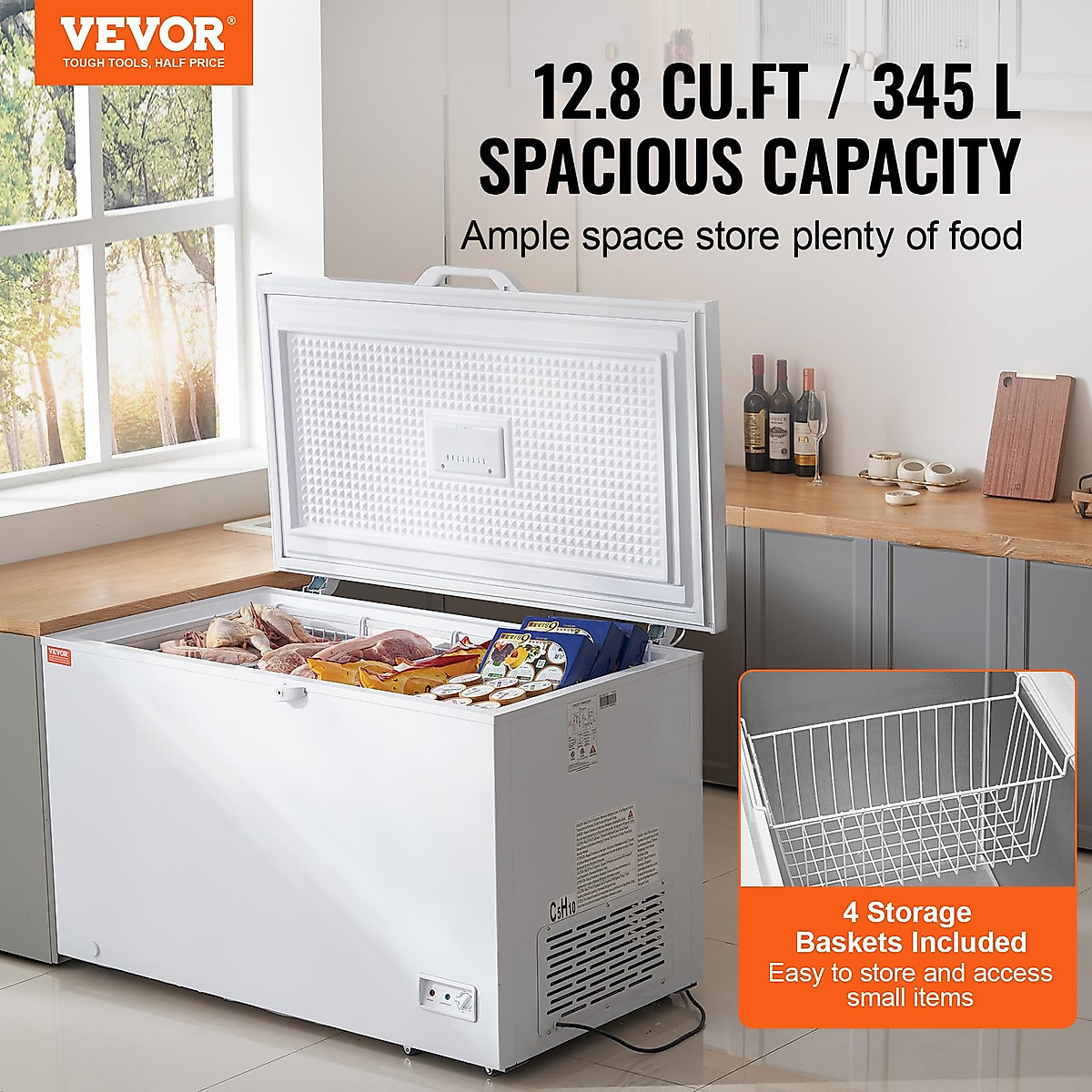 VEVOR Chest Freezer, 12.8 Cu.ft / 345 L Large Deep Freezer & 4 Removable Baskets, Freestanding Top Open Door Commercial Chest Freezers with Locking Lid, 7-Level Adjustable Temp, LED Lighting, 6 Wheels