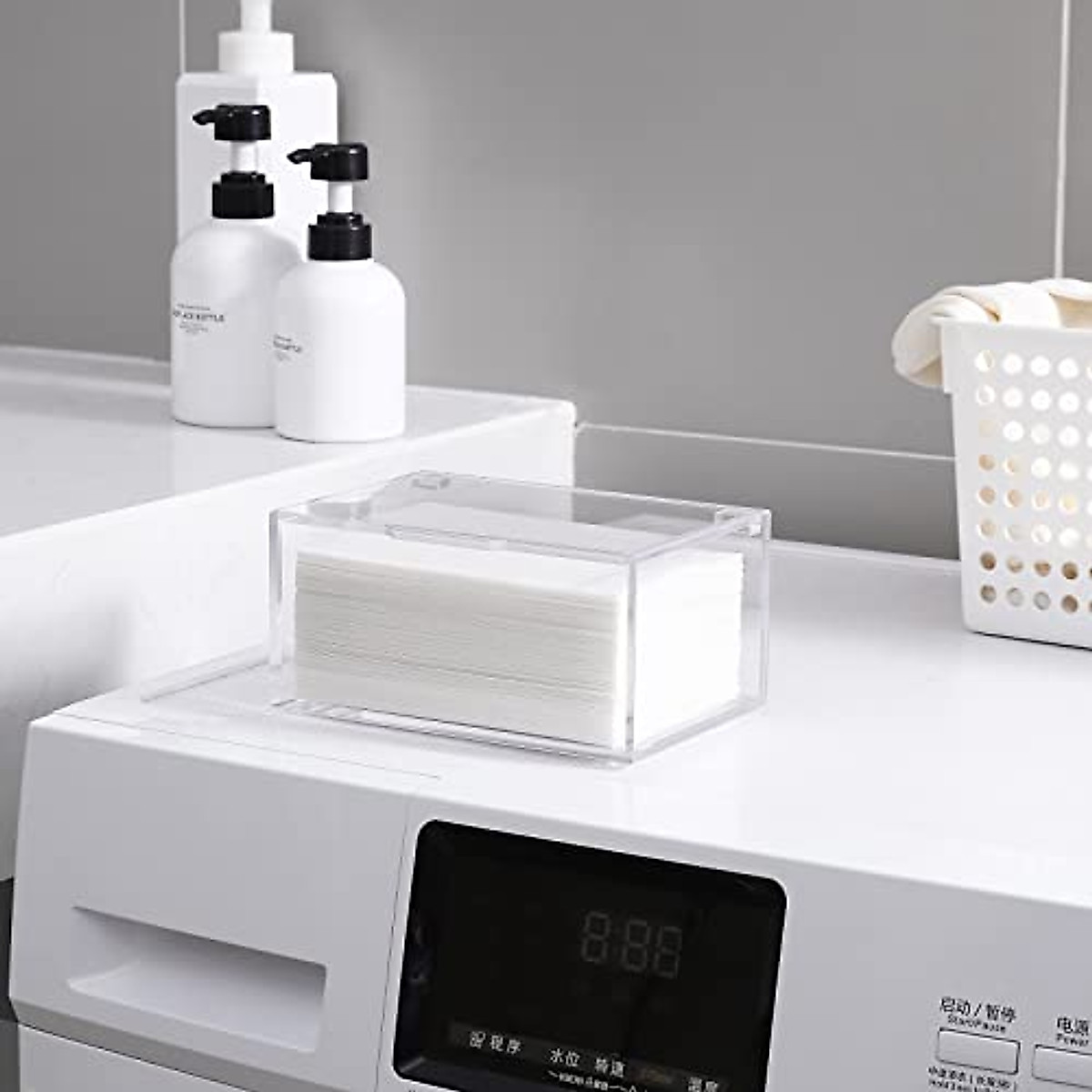 rejomiik Acrylic Dryer Sheet Holder Clear Dryer Sheet Dispenser Container Box with Lid and Anti Scratch Film for Laundry Room Fabric Softener Sheets Storage Organization, Transparent