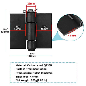 3 Pack 5-1/4" x 4-5/8" Weldable Door Hinges Heavy Duty Metal Gate Hinges Steel Butt Hinge with Removable Pin, 4.8 mm Thickness
