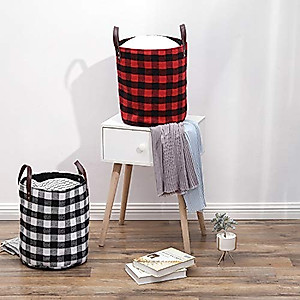 Collapsible Round Storage Basket with Leather Handles, Woolen Fabric Easter Eggs Basket Home Decorative Organizer, Medium, Black White Grey Grids