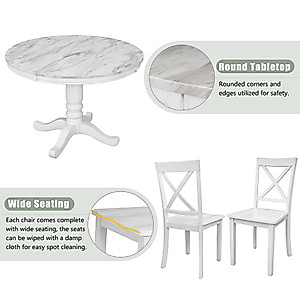 Merax 5-Piece Round Table and Chairs Set with Marble Veneer Top and Wood Frame for Dining Room, White(New)