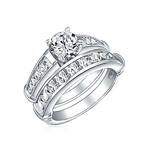 Bling Jewelry Classic Traditional Style 2CT Cubic Zirconia Round Brilliant Cut Solitaire Pave Band AAA CZ Anniversary Wedding Engagement Ring Set Band For Women .925 Sterling Silver