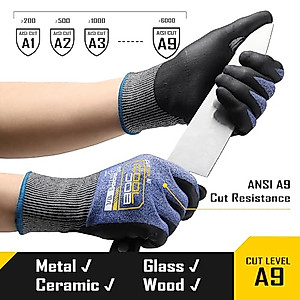 COOLJOB ANSI A9 Cut Resistant Gloves - 1/3 Pairs, Touchscreen Highest Knife Proof Level with Microfoam Nitrile Coated, Safety Work Gloves for Wood Carving, Glass Work, Construction, Blue XXL