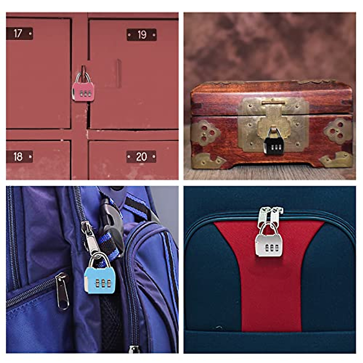 Mini Combination Padlocks, 4pcs Small Zipper Locks with 3 Digits for Diary School Backpack Jewery Box Escape Room, Black Silver Blue Pink