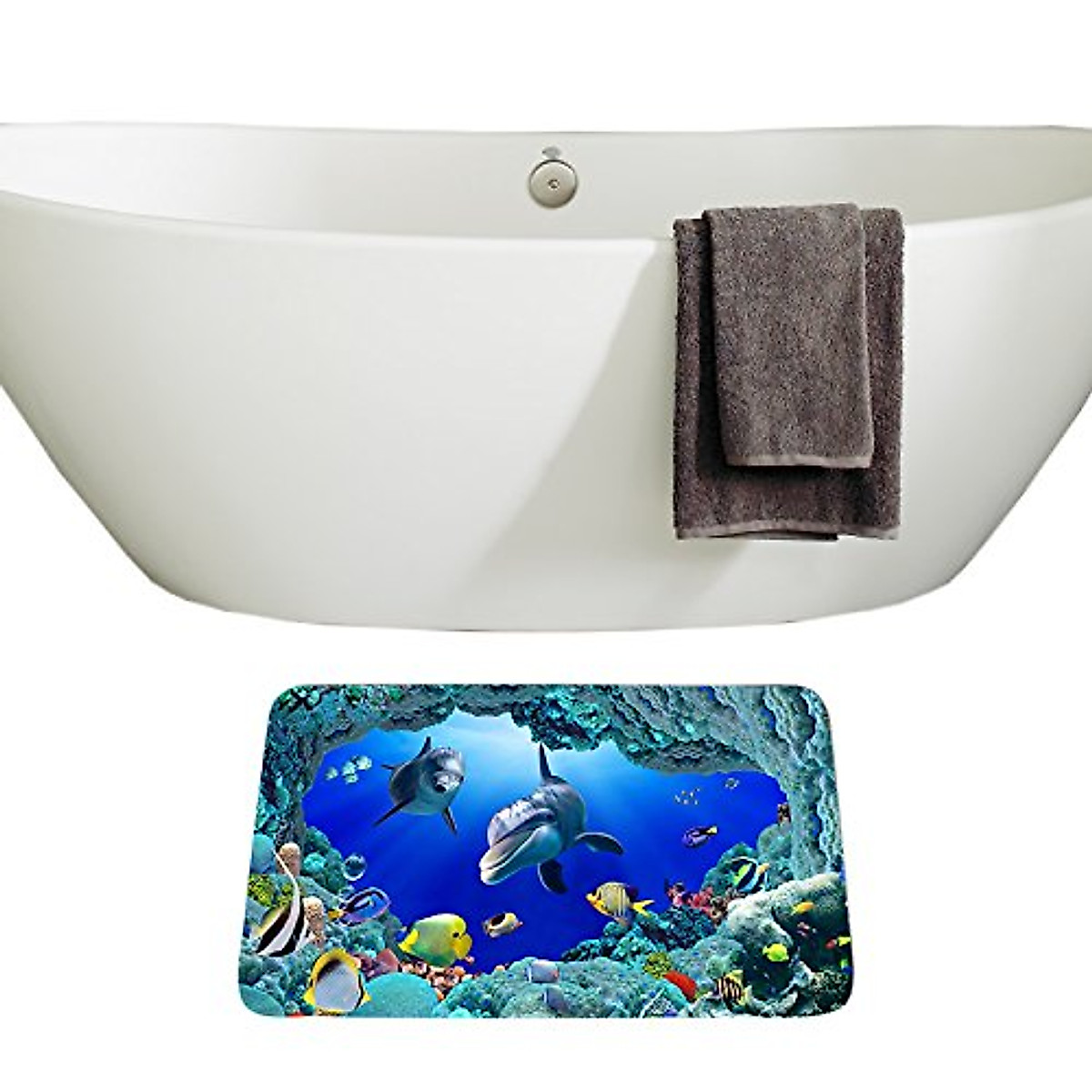 Amagical 3 Piece Ocean Style Underwater World Dolphin Bathroom Mat Contour Mat Fabric Shower Curtain Bathroom Shower Curtain Sets with 12 Hooks