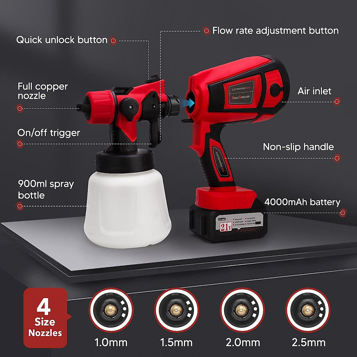 Cordless Paint Sprayer,Battery Operated Spray Gun with 2 * 21V 4000 mAh Batteries HVLP Electric Spray Gun Handheld Spray Gun for Fences Ceilings Furniture Walls Doors Cabinets