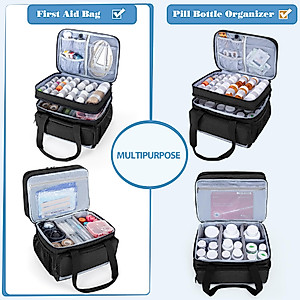 CURMIO Double Layers Pill Bottle Organizer Bag Empty, Medicine Organizer Storage Case with Lockable Zippers, Medication Travel Bag for Prescription Bottles, Medical Supplies, Black (Patent Design)