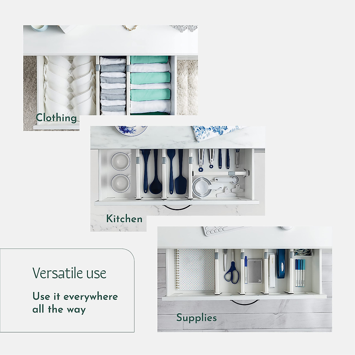 Adjustable Tall Drawer Dividers, [4 Pack] Adjusting Legnth from 15 Inch - 21 Inch, Drawer Organizers for Clothes, Locks in Place, Use for Bedroom, Bathroom, Kitchen & Office Organization and Storage.