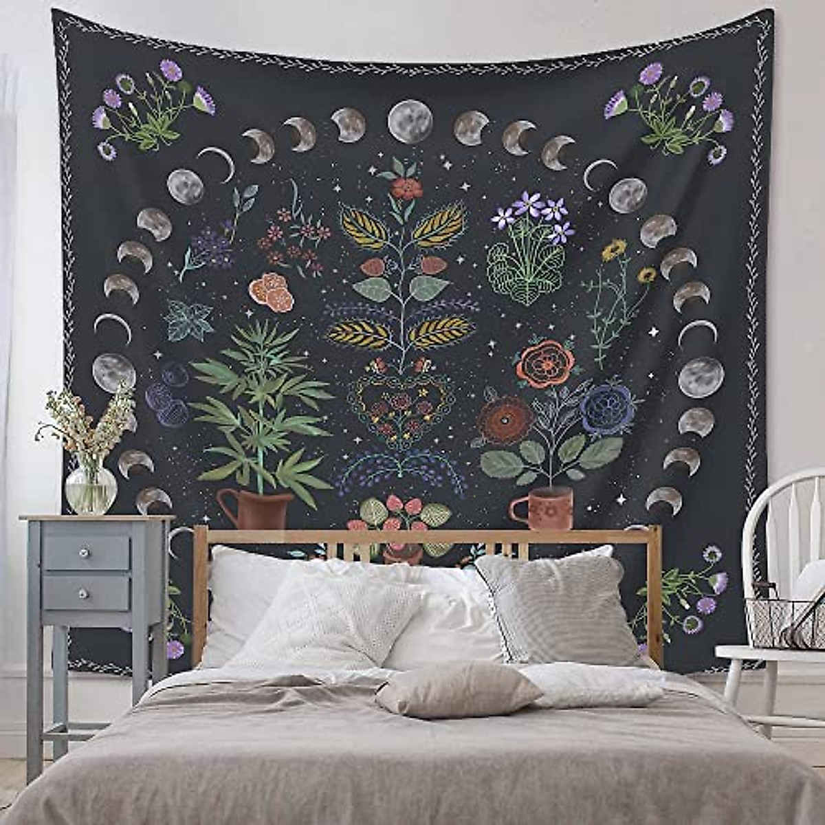 Senledas Botanical Moon Phase Tapestry, Moonlit Garden Wall Hanging Nature Floral Plant Tapestries Mysterious Tapestry Gift Art Home Bedroom Decor Living Room Wall Art Tapestry (51.2ʺ x 59.1ʺ)