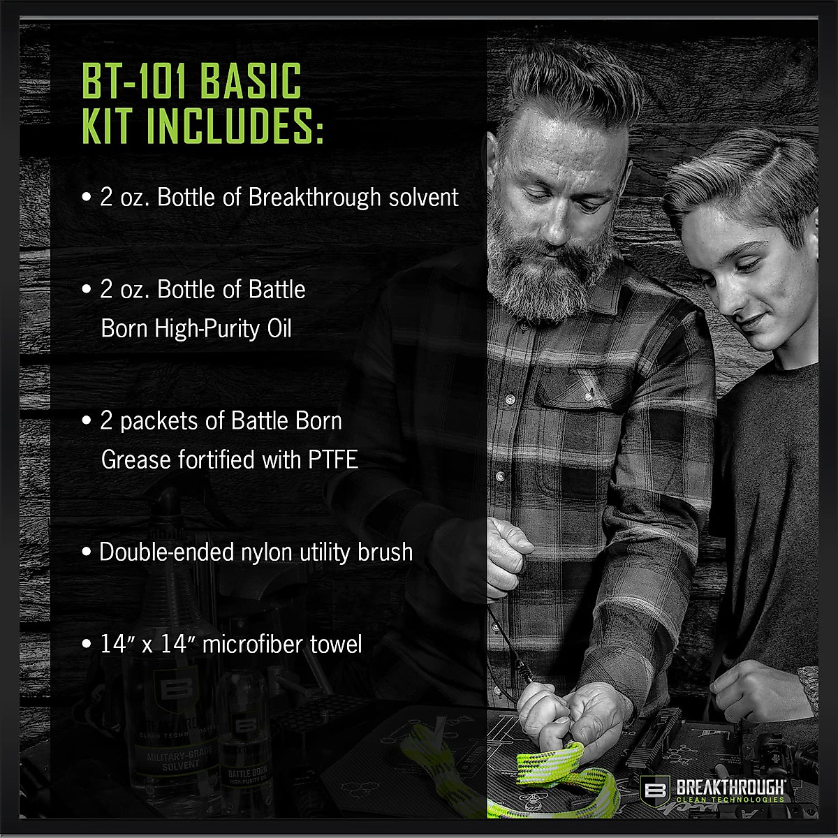Breakthrough Clean Technologies 101 Basic Gun Cleaning Kit - Includes Military-Grade Solvent, Battle Born High-Purity Oil, and Battle Born Grease with PTFE - Perfect for Handguns and Rifles