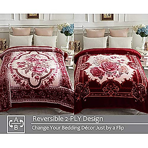 JYK Heavy Korean Mink Fleece Blanket, 5 LB - 2 Ply Reversible 520GSM Silky Soft Plush Warm Blanket for Autumn Winter (Queen, Flower/Burgundy)