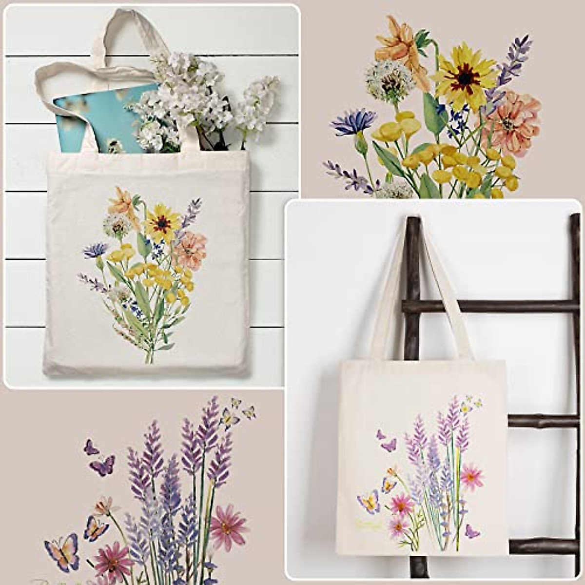 4 Pieces Reusable Tote Bags Canvas Tote Bags Canvas Reusable Shopping Bags Makeup Bags for Girls Women (Flower Style)